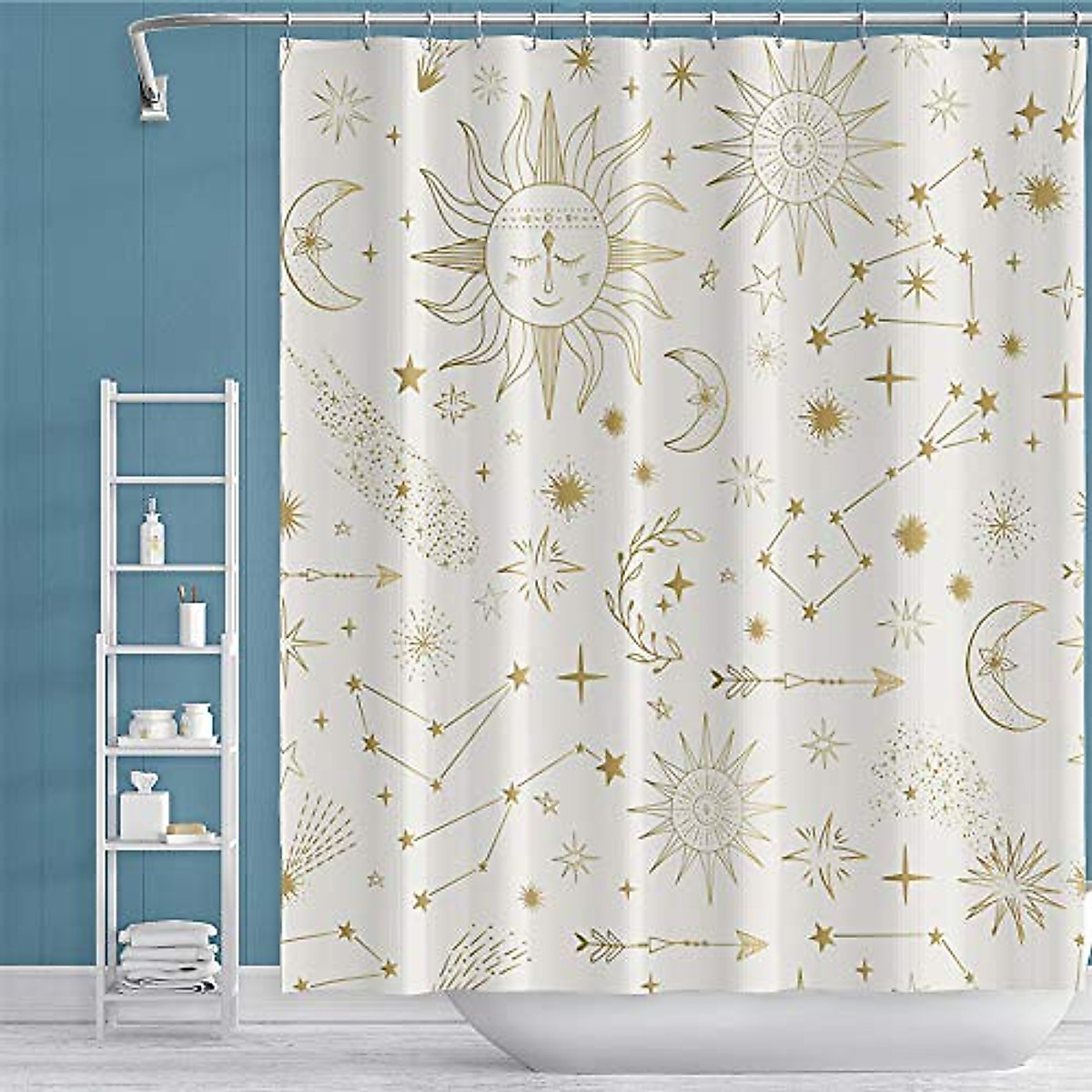 OERJU Boho Shower Curtain Sun Moon Stars Arrows Modern Fashion Art Gold Hand Drawing Chic Tribal Style Machine Washable Bohemian Bathroom Curtain Set with Hooks 72x96inch Waterproof Polyester