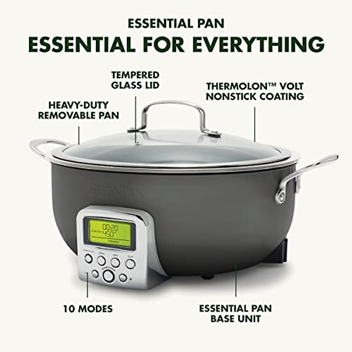 GreenPan Elite Essential Smart Electric 6QT Skillet Pot, Presets to Sear Saute Stir-Fry and Cook Rice, Healthy Ceramic Nonstick and Dishwasher Safe Parts, Easy-to-use LED Display, Graphite