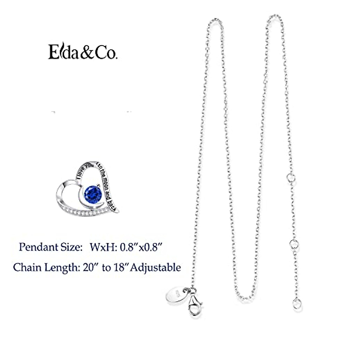 ELDA & CO. Birthday Gift for Women September Birthstone Blue Sapphire Necklace Mom Wife I Love You to the Moon and Back Jewelry Sterling Silver for Her