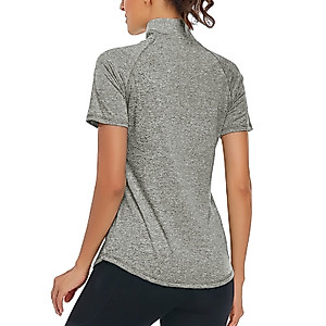LURANEE Activewear for Women, Ladies Short Sleeve Dry Fit Athletic Tops Relaxed 1/4 Zip Pilates Running Cycling Jogging Pullover Gym Hiking Jacket Stretchy Zipper Polo Shirts for Leggings Grey Large