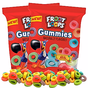 Needzo Froot Loops Gummies, Assorted Real Fruit Juice Flavored Gummy Candy Bags, Nostalgia Favorite Cereal Flavored Candies, 7 Ounces Each, Pack of 2
