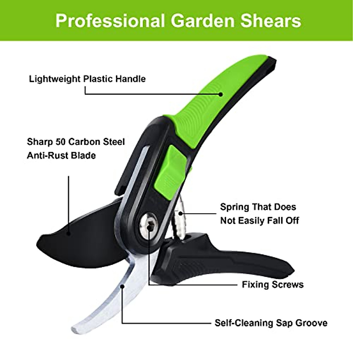 Evcitn 8.6" Garden Pruning Shears(K88), Bypass Pruning Shears with 1 Inch Cutting Capacity, Tree Trimmer, Branch Cutter, Hedge Clippers, Ergonomic Garden Tool, Green