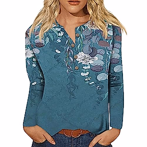 Women's Tops Fall Comfortable Blouse Printed Loose Fit Pullover Casual Tunic Button Down Full XL Mattress Topper Shirt Long Sleeve Tshirt Neck Shirts for Women（4-Blue,Small）