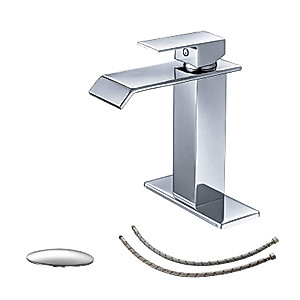 BWE Bathroom Faucet Chrome Modern Waterfall with Pop Up Drain for Sink 1 Single Hole Bathroom Sink Faucet Parts Spout Bath Lavatory Vanity Stopper Overflow and Supply Hose Single Handle Square