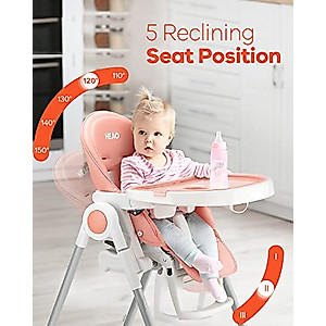 HEAO Adjustable 7 Height 5 Reclining Angle Foldable Baby High Chair with 360 Degree Rotating Wheels, 3 Footrest Positions, and Removable Tray, Pink