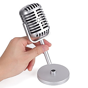 Facmogu Classic Retro Style Microphone Prop, Fake Vintage Microphone Prop Model with Stand, Silver Antique Microphone Decor Microphone Costume Prop for Party Decorations - Silver