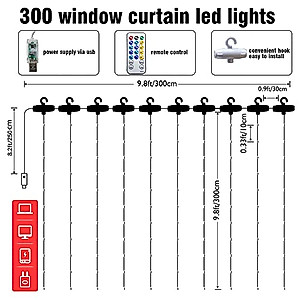 Dazzle Bright Curtain String Lights, 300 LED 9.8ft x 9.8ft 8 Lighting Modes Fairy Lights USB Powered, Waterproof Lights for Christmas Party Wedding Outdoor Indoor Wall Decorations (White)