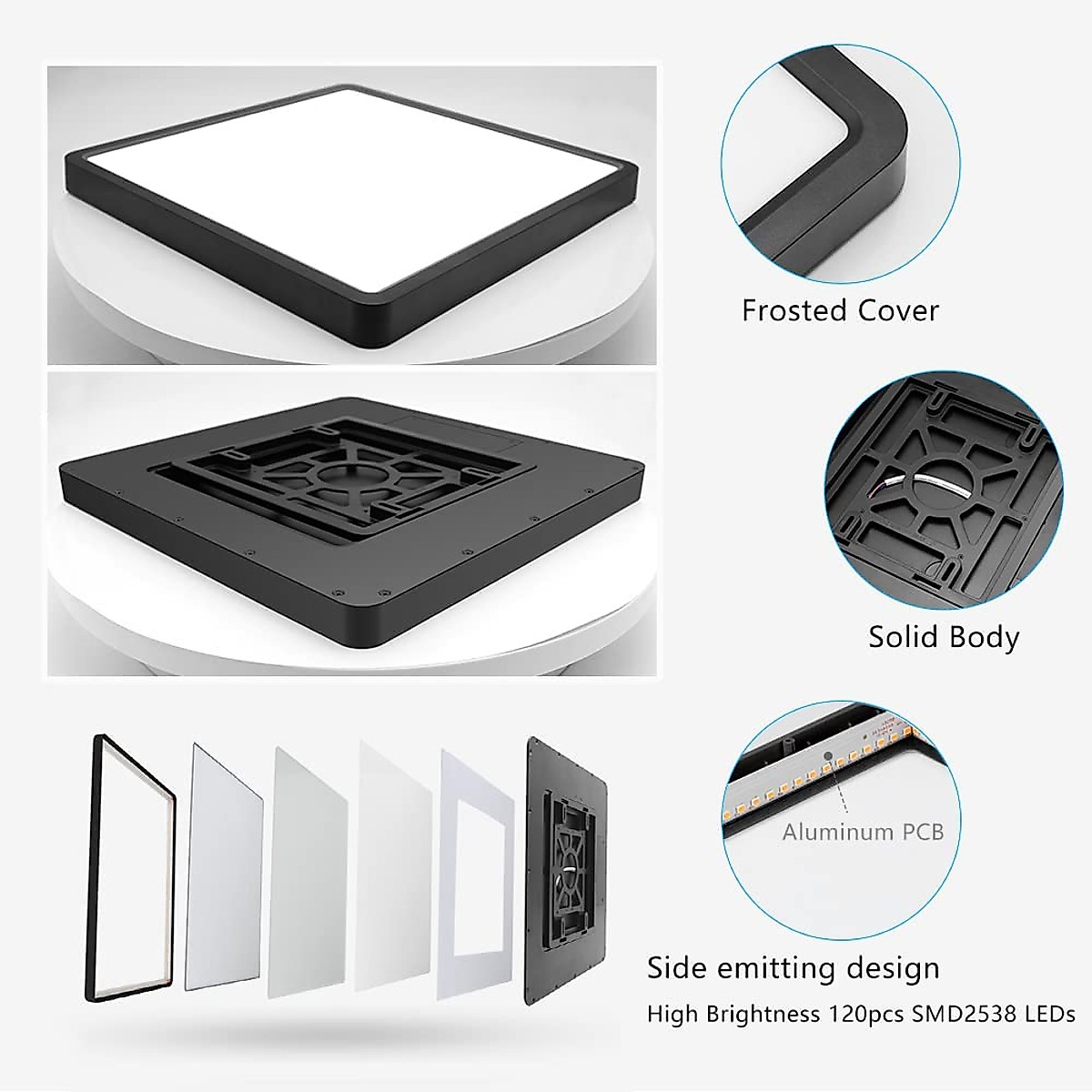 12Inch 24W Square LED Ceiling Light Fixtures Flush Mount, 5000K Daylight White LED Ceiling Lamp, Surface Mount Modern Ceiling Lights, Black Slim Flat Panel Lighting for Bedroom, Kitchen, Bathroom Etc