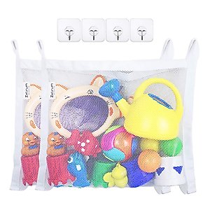zebrum Bath Toy Organizer Set, 2 Large Strong Storage Mesh Bags, 18 x 14 Inch with 4 Strong Adhesive Hooks- Easy Storage of Bath Toys and Other Bathroom Items-White (Bath Toy Organizer Set)