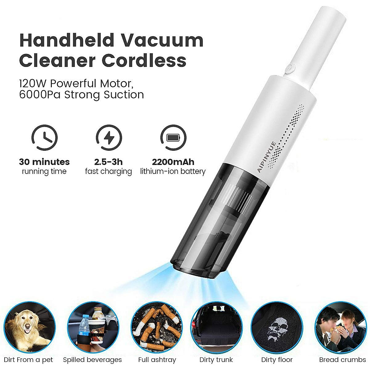 HQXHB Handheld Vacuum Cleaner, 120W 6000Pa Portable Home & Car Vacuum Cordless, Pet Hair Eraser Lithium Ion Cordless Hand Vacuum with Rechargeable Battery (White), A8