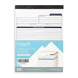 Blue Summit Supplies Contractors Invoice Book, 3 Part Carbonless Forms with White, Yellow, and Pink Copies, Work Order Receipt Book with Blank Invoice Sheets, 8-3/8 x 11-5/8 inch, 50 Pack