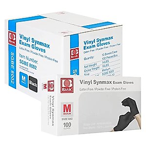 Basic Disposable Medical Synmax Vinyl Exam Gloves- 4 mil Safty Glove 1000pcs - Latex-Free & Powder-Free - SGBE 8002, Medium (Case of 1000, Black)