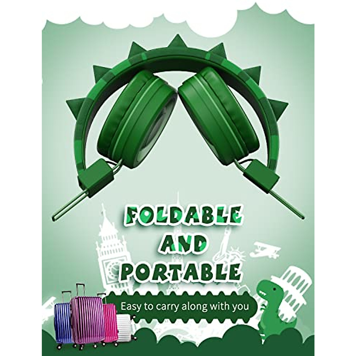 SIMJAR Dinosaur Kids Headphones with Microphone for School, Volume Limiter 85/94dB, Over-Ear Girls Boys Headphones for Kids with Foldable Wired Headphones for iPad/Travel/Tablet