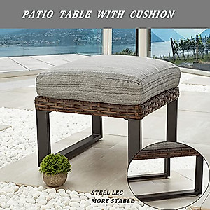 LOKATSE HOME Patio Ottoman Wicker Outdoor Footstool Rest Small Seat Rattan Furniture Cushioned Coffee Table Steel U-Shape Legs for Garden Yard Lawn Deck Poolside, Grey