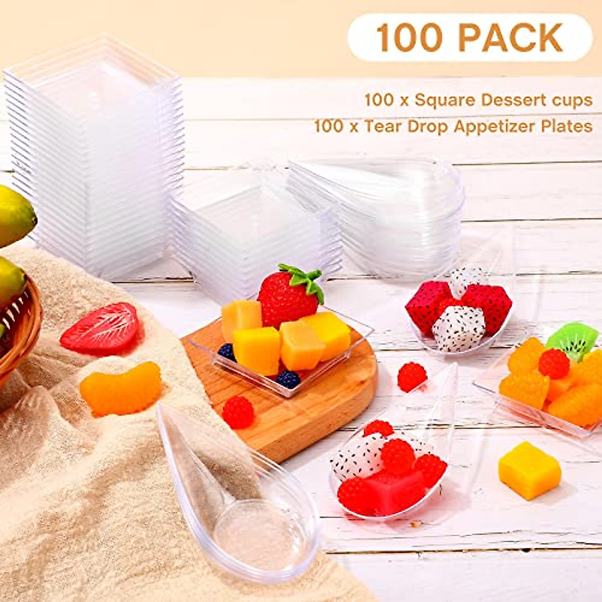 Rozer Mini Appetizer Plates and Tear Drop Spoons for Weddings Party 2.5 x 2.5 Inches 4 x 2 x 0.5 Inches Plastic Mini Dessert Plates Disposable Appetizer Spoons (200 Pieces)