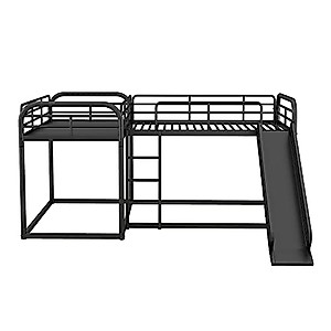 Goohome Full and Twin Size L-Shaped Bunk Bed with Slide and Short Ladder, Metal Bunk Bed Bedroom Furniture w/Safety Guardrail, Accommodate 4 People, for Kids, Teens, Adults, No Box Spring Needed