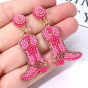 UYT Beaded Cowgirl Boot Earring Western Cowboy Boots Earrings for Women Boho Beads Shoes Dangle Drop Earrings Y2k Jewelry Party Gift (pink)