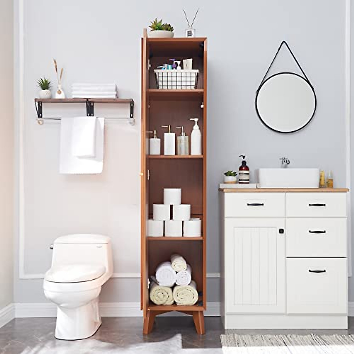 OKD Modern Storage Cabinet, 72" Tall Bathroom Cabinet with Adjustable Shelves, Wood Narrow Pantry for Home,Kitchen,Laundry,Utility Room, Hanging Rod Included (Cherry)