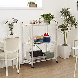 nisboigr 3 Tier Storage Shelves,Folding Storage Shelf with Wheels,Heavy Duty Metal Shelf,Garage Storage Shelf,Metal Rack,White