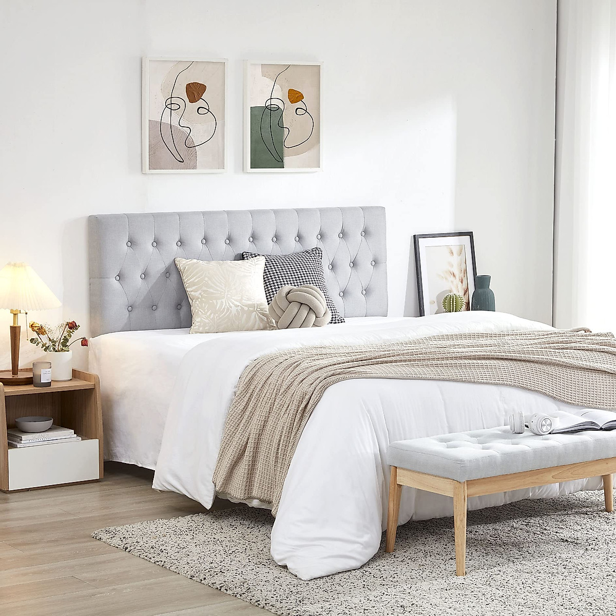 Kingfun Headboards for King Size Bed in Modern Button Design, Premium Linen Fabric Upholstered Tufted Bed Headboard, Adjustable Solid Wood Head Board, Grey