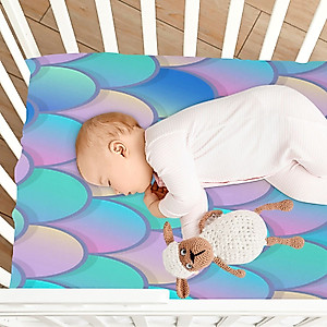 Kigai Sea Mermaid Scale Stretchy Fitted Crib Sheets Soft and Breathable Portable Crib Mattress Topper for Boys and Girls 28x52 in