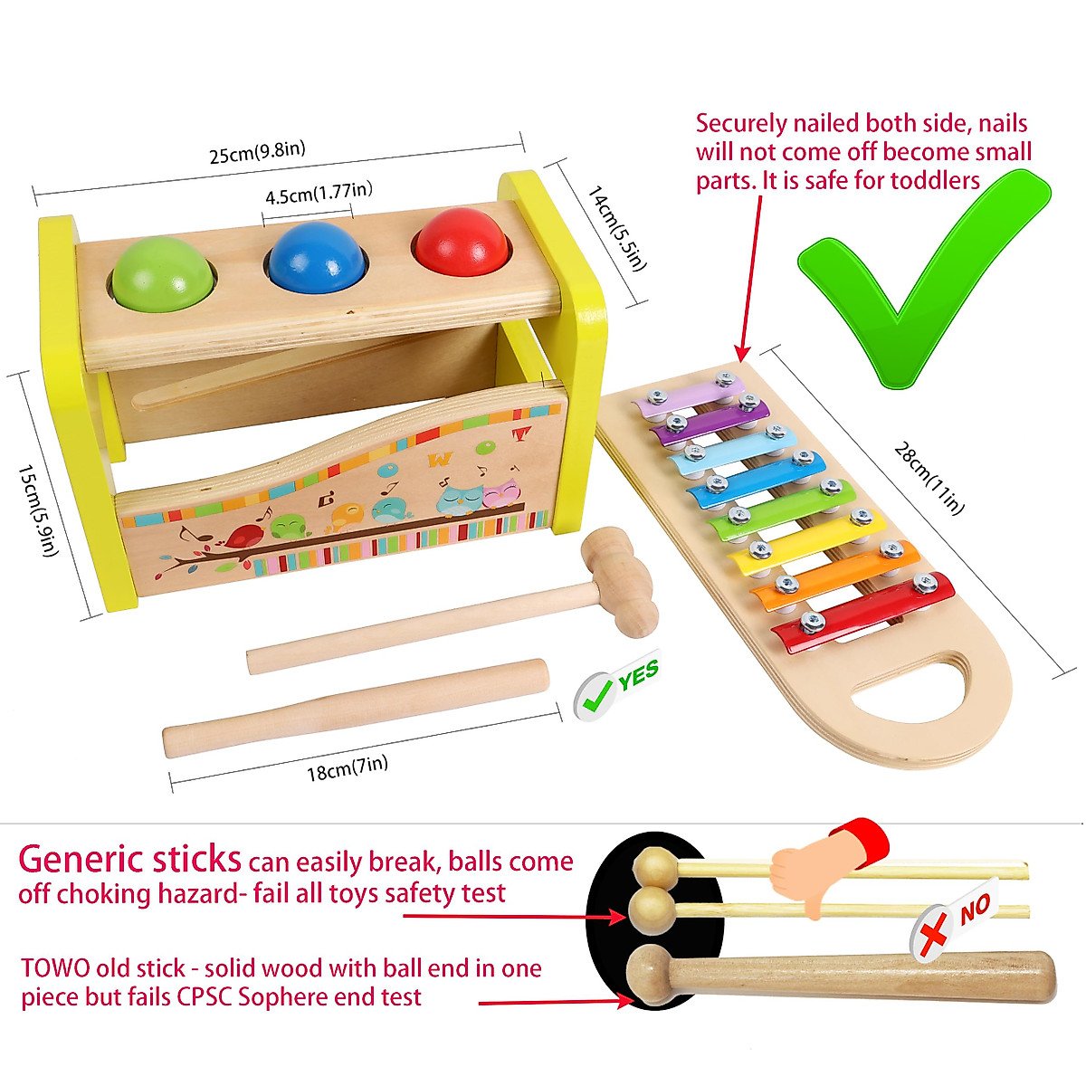 TOWO Wooden Hammer Ball and Xylophone Set - Mallet and Pegs Pound a Ball Tap Bench- Toys for Babies 1 Year Old Baby Boy Girl Toddler Gift - Small Motor Skill Sensory Musical Activity Toys for Kids