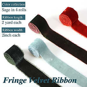 4 Rolls Christmas Velvet Ribbon for Gift Wrapping 2 in x 8 yd Fringe Frayed Fabric Ribbon Raw Edge Wired Velvet Ribbon for Wedding Invitations Bridal Bouquet DIY Craft Tie Decor (Green Series)