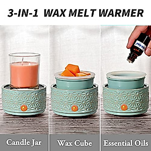 ASAWASA Wax Melt Warmer with 1 pc Silicone Dish,3-in-1 Ceramic Wax Melter Burner for Kitchen Home Spa Yoga Gift (Cyan Hexagon Pattern)