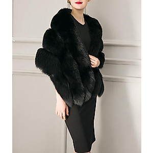 UMREN Women's Luxury Party Faux Fox Fur Long Shawl Cloak Cape for Winter Black A