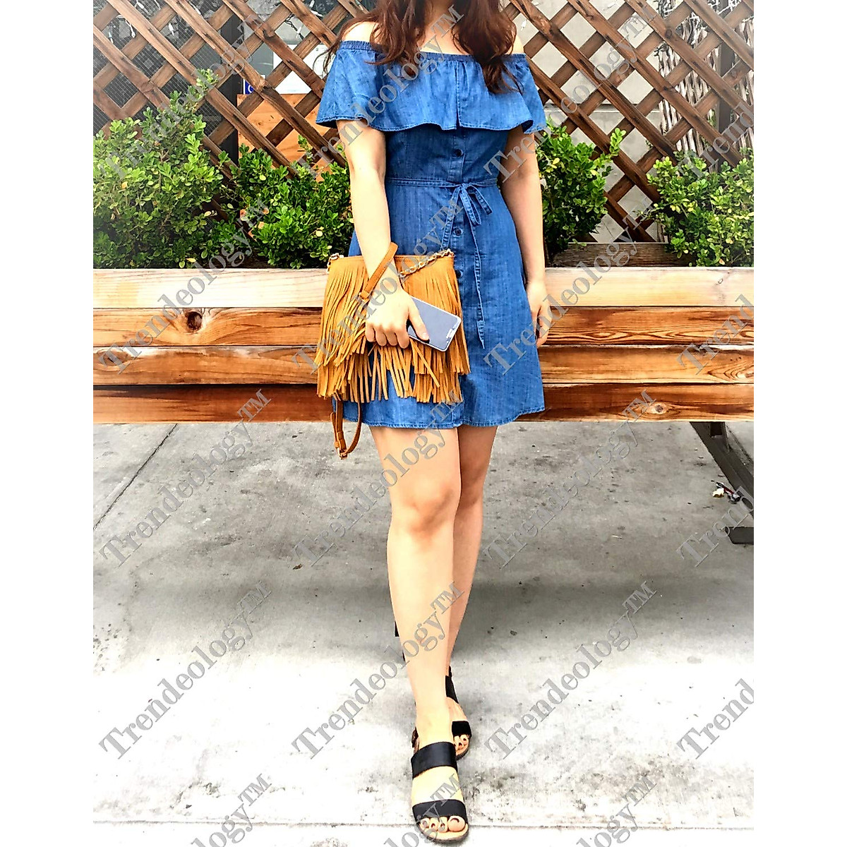 Front and Back Both Side Fringed Soft PU Leather Medium Long Cross Body Messenger Shoulder Bag (Taupe)