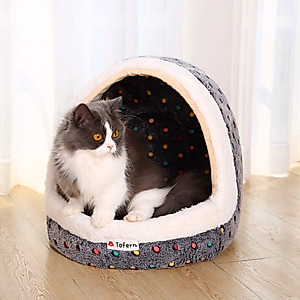 Tofern Dog Beds for Small Dog Cats Colorful Dots Pattern Striped Cute Fleece Warm Washable Igloo Pet Bed with Removable Cover