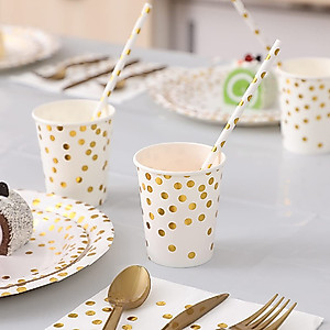 White and Gold Party Supplies Disposable Set 226 Pieces Serves 25 Guests Golden Dots Party Dinnerware, Paper Plates Napkins Cups, Gold Plastic Forks Knives Spoons Balloons for Wedding Birthday Party