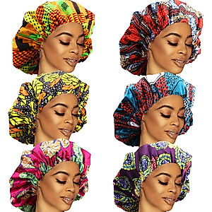 6 Packs Double Layer Satin Bonnet for Women Silk African Print Sleep Cap Head Scarf Large Head Wrap Soft Night Sleeping Hat Adjustable for Long Curly Natural Hair Braids