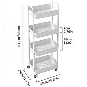 Sywhitta 4-Tier Plastic Rolling Utility Cart with Handle, Multi-Functional Storage Trolley for Office, Living Room, Kitchen, Movable Storage Organizer with Wheels, White