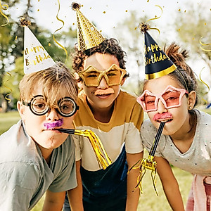 JOYEONDEF 30 Pcs Gold Birthday Party Hats Gold Cone Hats Includes 8 Birthday Paper Hats and 22 Gold Noise Makers (Black and gold suit)