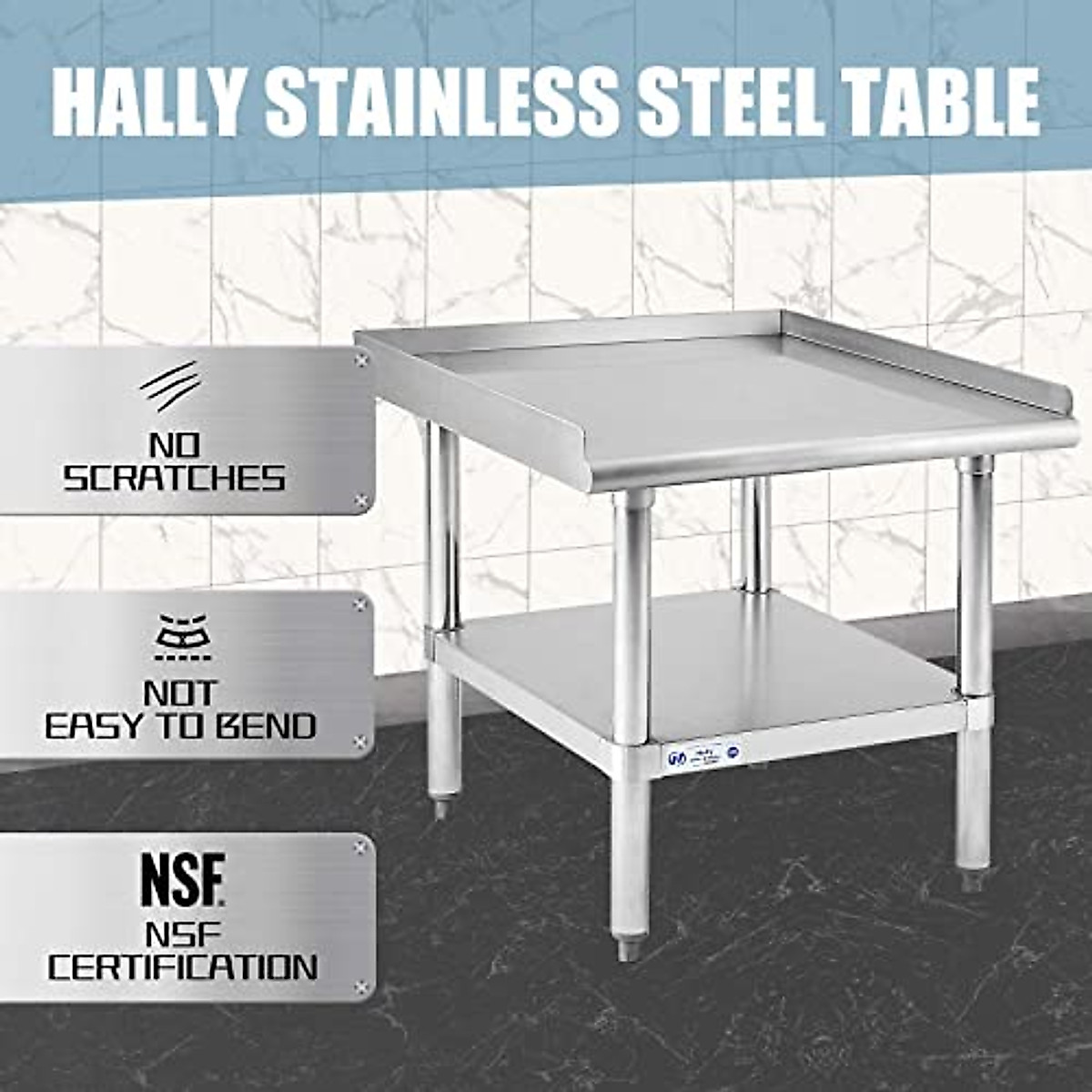 Hally Stainless Steel Equipment Stand 28x24 Inches with Undershelf, NSF Commercial Prep & Work Table with Rear and Side Risers, Heavy Duty Grill for Kitchen, Bar, Restaurant, Home and Hotel