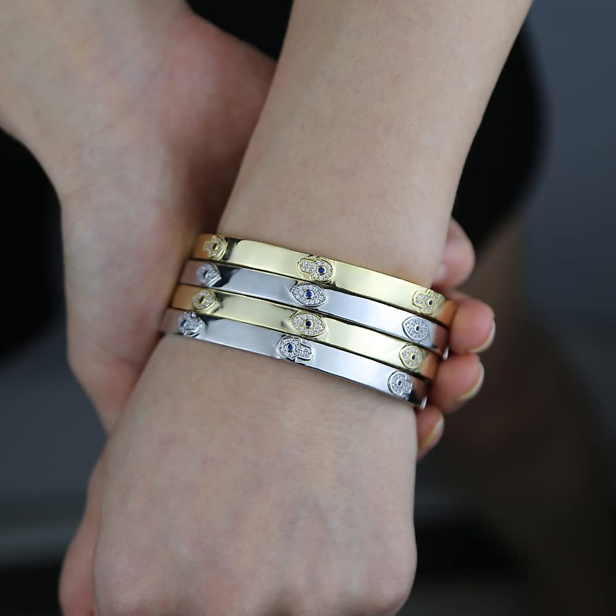 My Daily Styles Stainless Steel White Blue CZ Hamsa Good Luck Bangle Bracelet, 7.5" (White/Evil Eye)