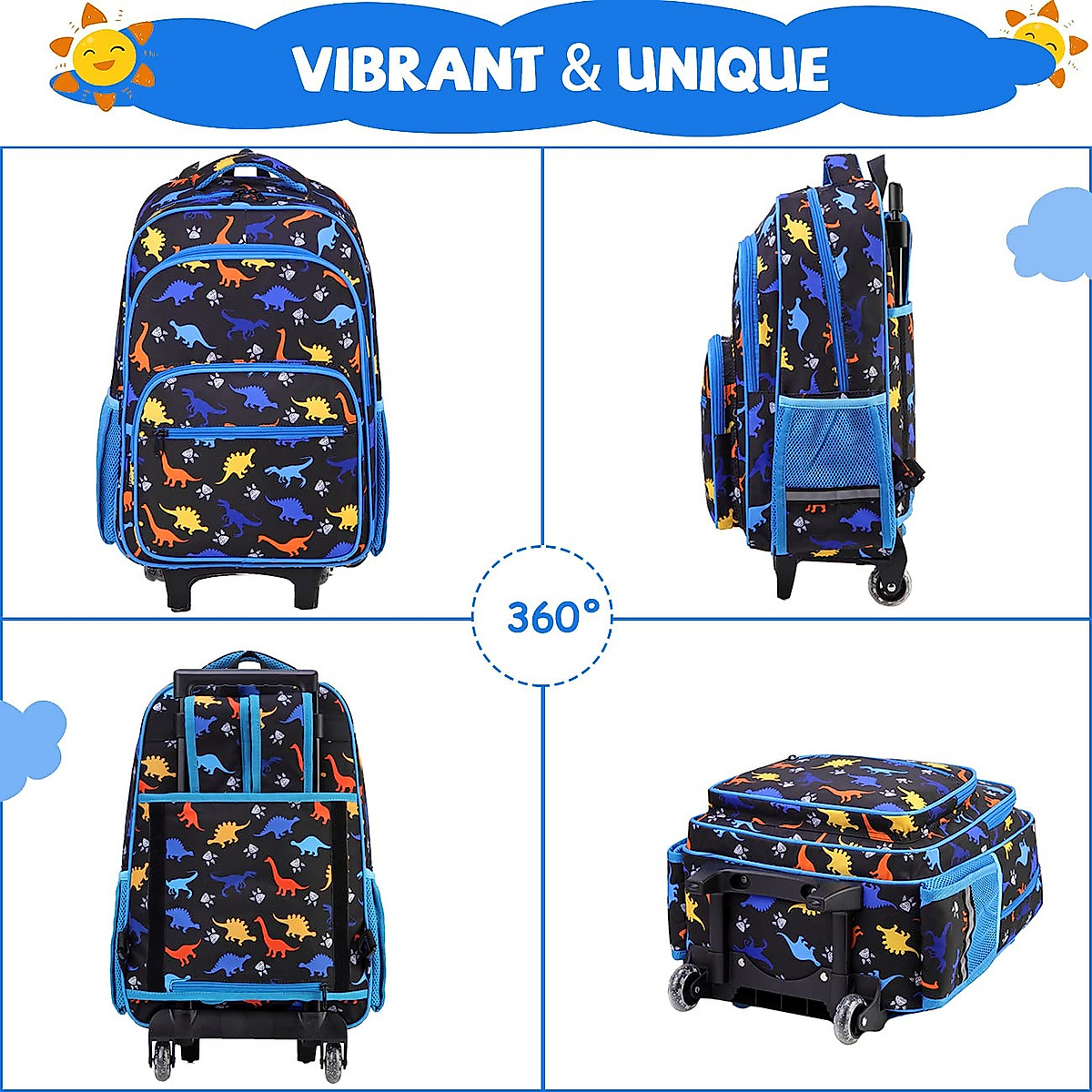 VASCHY Rolling Backpack Kids, 17in Water Resistant Large Schoolbag Carry-on Travel Trip Bag with Wheels for Boys Blue Dinos