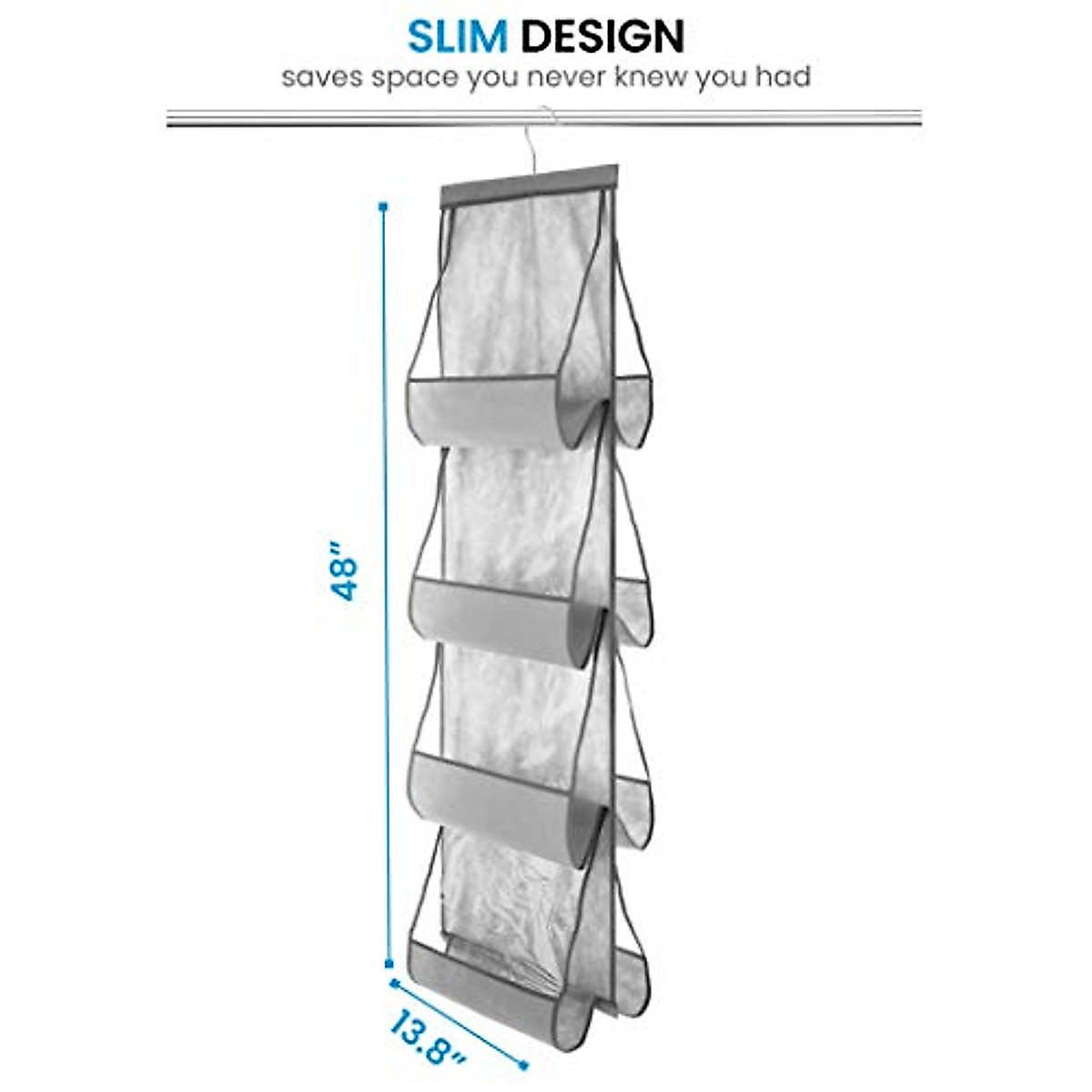 Zober Hanging Purse Organizer For Closet Clear Handbag Organizer For Purses, Handbags Etc. 8 Easy Access Clear Vinyl Pockets With 360 Degree Swivel Hook, Gray, 48” L x 13.8” W