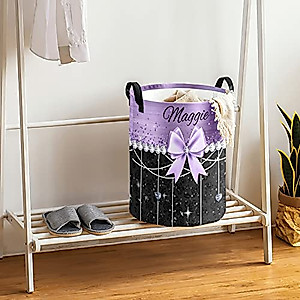 Glitter Print Purple Black Bow Personalized Foldable Freestanding Laundry Basket Clothes Hamper with Handle, Custom Collapsible Storage Bin for Toys Bathroom Laundry