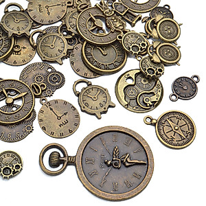 100g(about 40pcs) Alloy Clock Face Charm Pendant Steam Punk Gears Wheel Pendants Beads Craft Supplies for Jewelry Making, Antique Bronze
