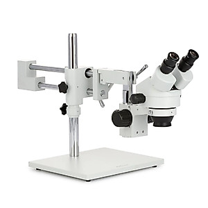 AmScope SM-4BZ-FRL Professional Binocular Stereo Zoom Microscope, WH10x Eyepieces, 3.5X-90X Magnification, 0.7X-4.5X Zoom Objective, 8W Fluorescent Ring Light, Double-Arm Boom Stand, 110V-120V, Includes 0.5x and 2.0x Barlow Lenses