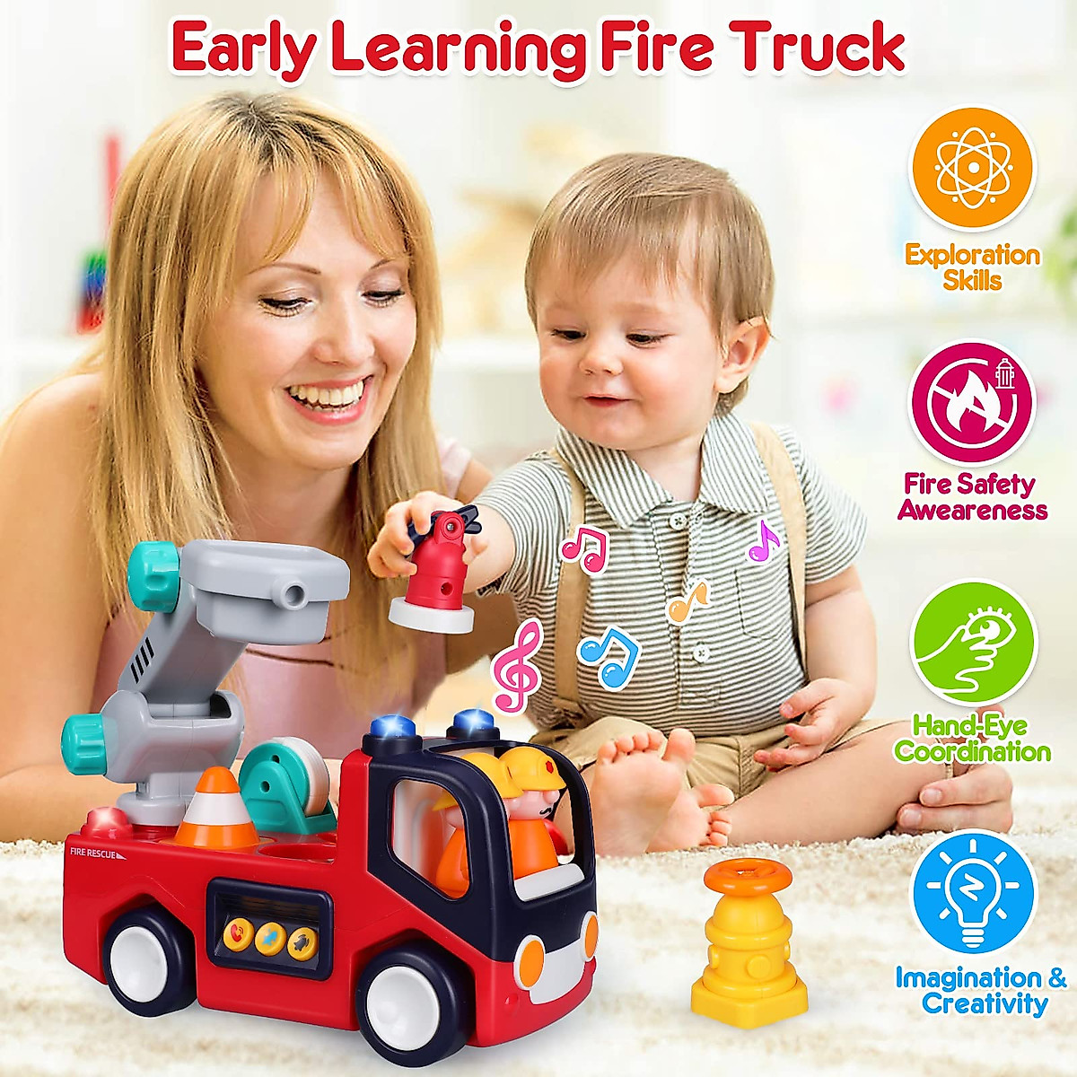 Baby Toys 12-18 Months Musical Fire Truck Toys for 1 Year Old Boys Girls Early Educational Learning Toy with Firefighting Tools/Music/Light Baby Toy Cars for 1 2 3 Year Old Boy Birthday Gifts