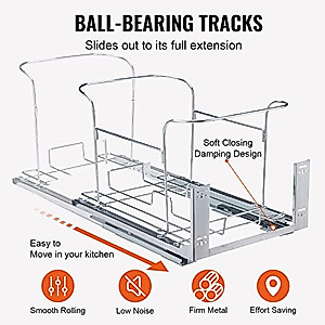 VEVOR Pull-Out Trash Can, 37Qt Double Bins, Under Mount Kitchen Waste Container with Soft-Close Slides, 44 lbs Load Capacity & Door-Mounted Brackets, Garbage Recycling Bin for Kitchen Cabinet, Grey