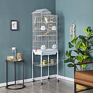 Yaheetech 62.4-inch Roof Top Flight Bird Cage for Parakeets Cockatiels Conures Finches Lovebirds Canaries Budgies Small Parrots, Large Birdcage with Detachable Rolling Stand, White