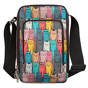 Colorful Cute Cats Crossbody Bag for Women Men, Animal Cat Pattern Messenger Bag Lightweight Sling Purse Portable Daypack Waterproof Shoulder Bag for Sport Travel Work Business Leisure Festivals