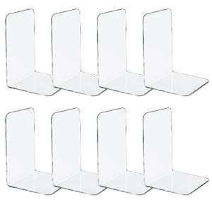 Jekkis 8pcs Clear Bookends Acrylic Book Ends for Shelves Heavy Duty Bookends Plastic Bookends for Home Office Library , Book Stopper, Desktop Organizer, 7.3” x 4.8” x 4.8”