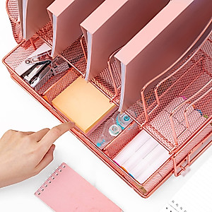 ARCOBIS Rose Gold Desk File Organizer for Women, Desk Organizers and Accessories with Pen Holder & Sliding Drawer & Vertical File Folder Sorters, Cute Desktop File Holder for Office Supplies