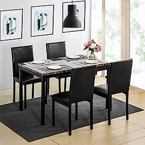 MOEO Furniture 5 Piece Kitchen and Dining Table Set for 4, Faux Marble Top Diningtable with 4 PU Leather Chairs, Breakfast Nook, Bar, Living Room, Black 2