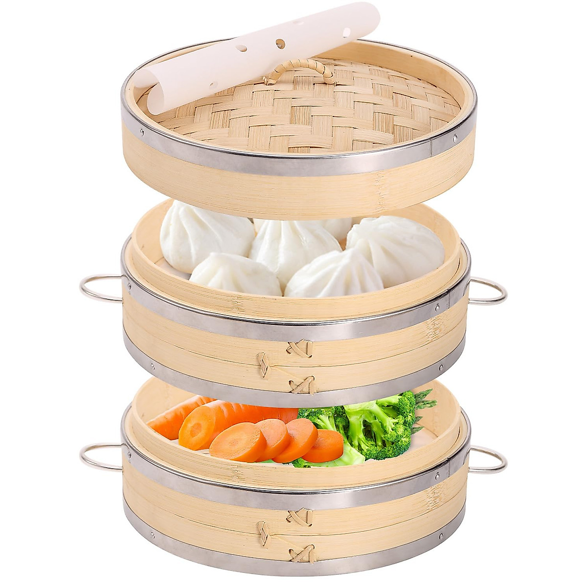 Niuirt Bamboo steamer basket set 8-inch, 2-tier dumpling steamer with side handles and 50pcs paper liners for buns, dim sum, dumplings, vegetables, and seafood.
